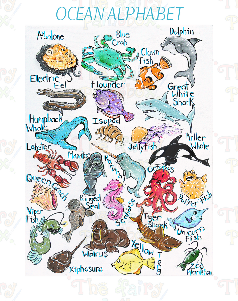 ABC Ocean Animals Nursery Room Poster, Under the Sea Baby Print Wall Art