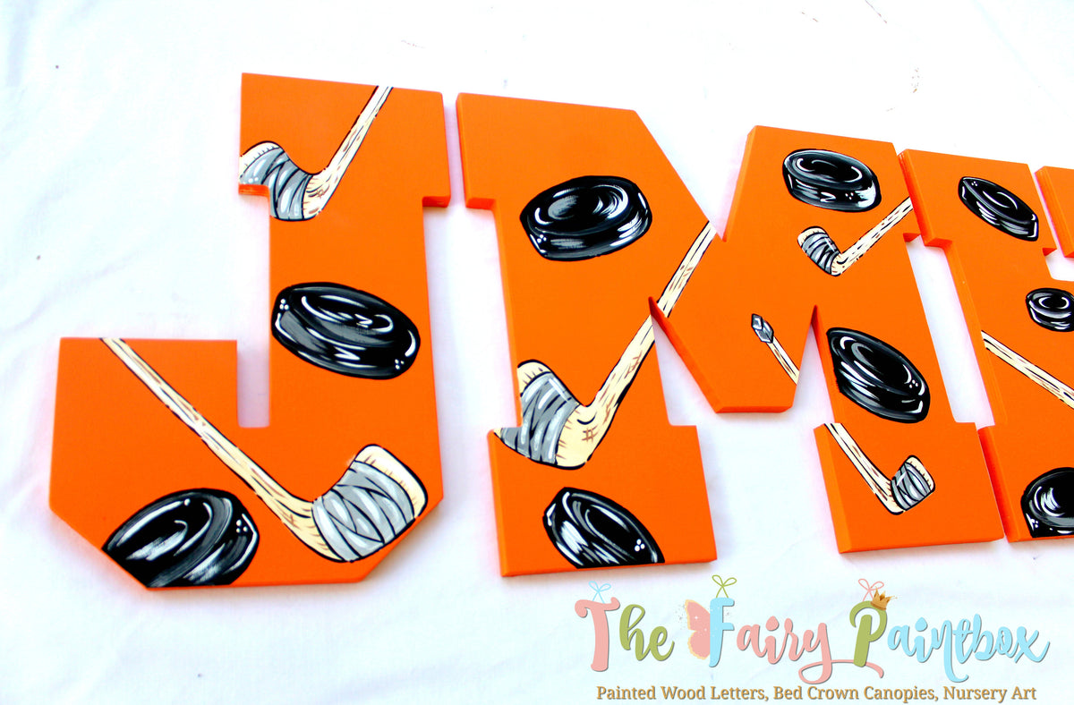 Orange Hockey Fan Painted Letters, Hockey Stick Nursery Letters, Hocke ...